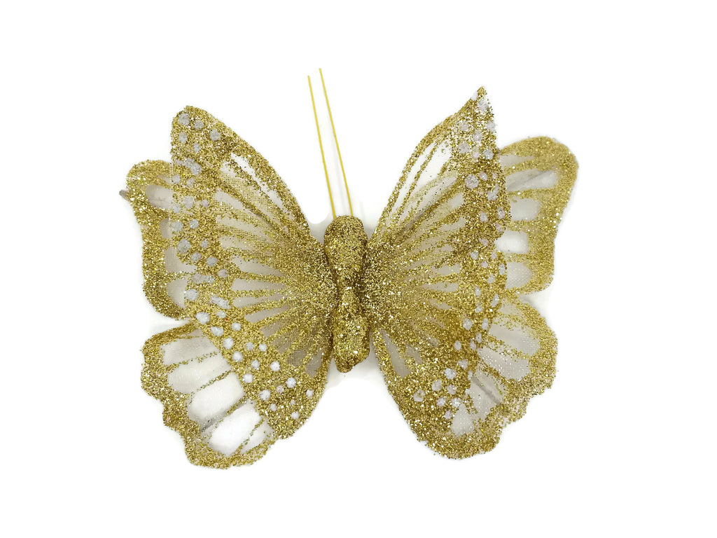 Gold Glitter Clip On Butterflies x 12 — Artificial Floral Supplies