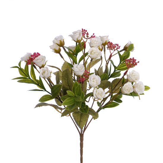 30cm Mini Ivory Rose & Seed Cluster Bush — Artificial Floral Supplies