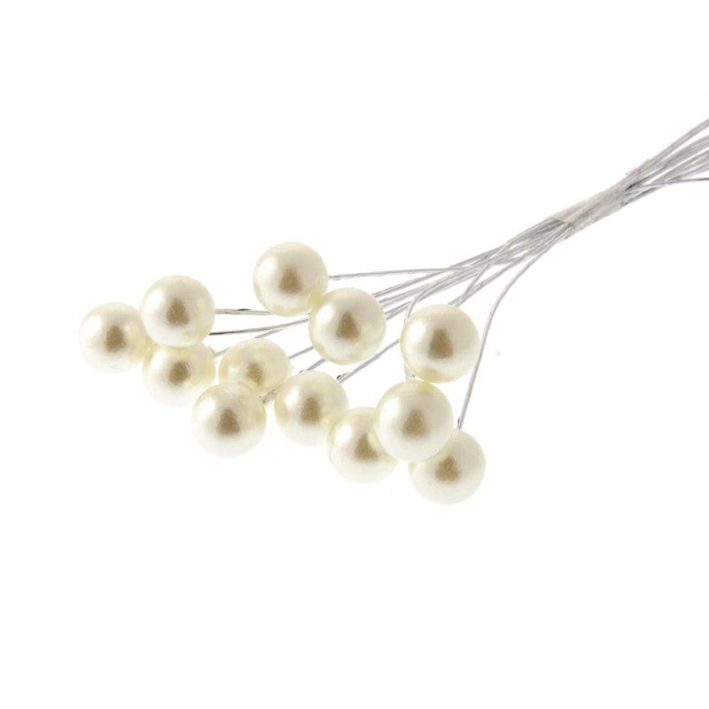 10mm Cream Pearls on Wire Stem - 10cm Height 3 bunches x 12 Stems per ...