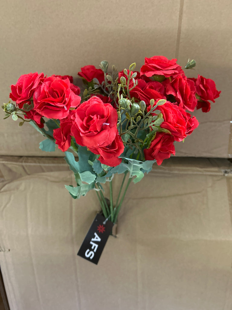 9 Stem Multiple Head Mini Rose Bush - Red — Artificial Floral Supplies