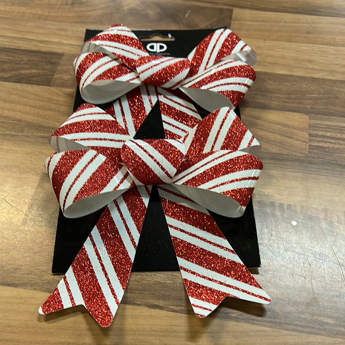 2 x Candy Cane Stripped Glitter Bows — Artificial Floral Supplies