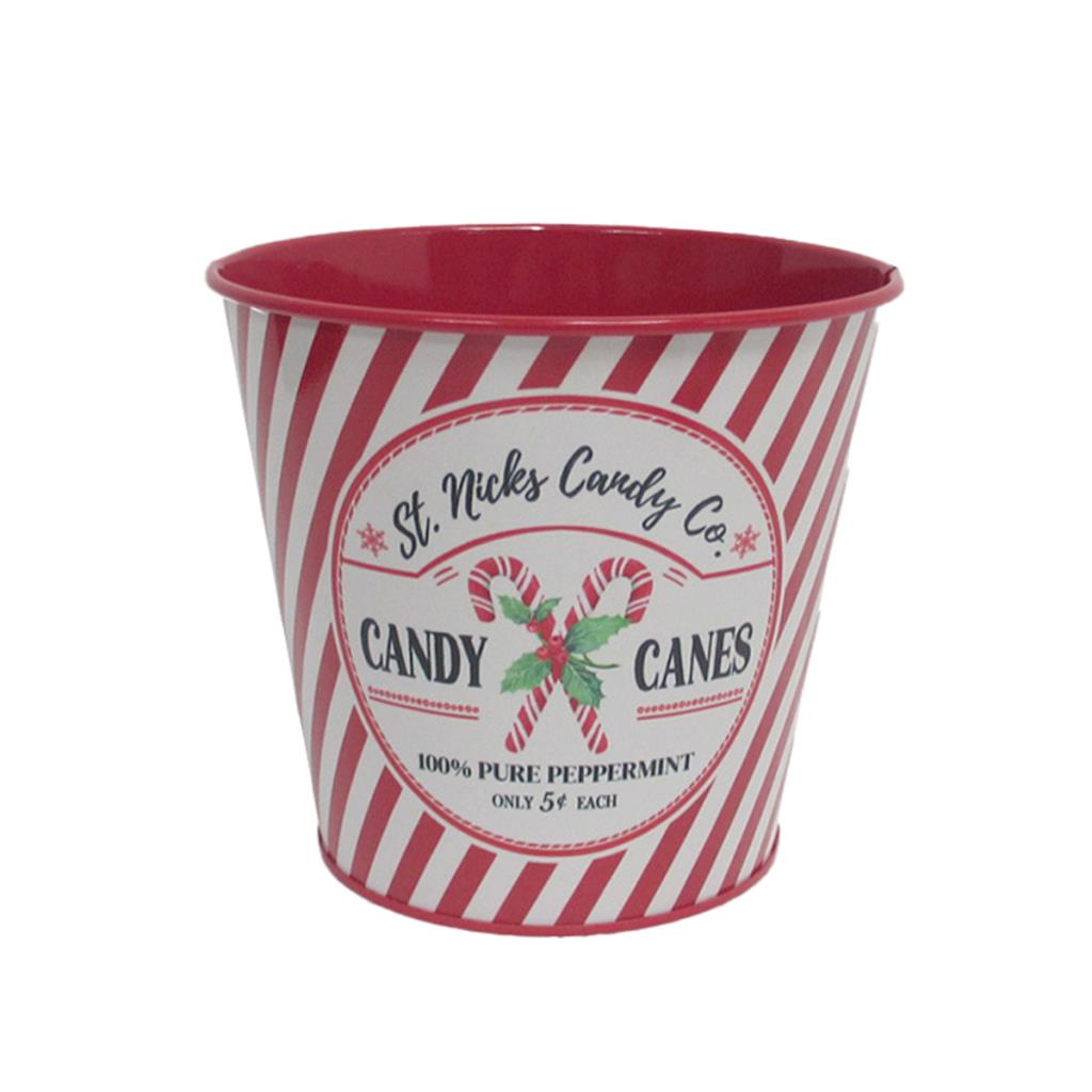 Candy Cane Tin Bucket 15 x 13.5cm — Artificial Floral Supplies