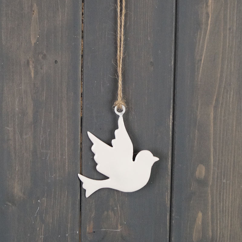 White Enamel Hanging Dove x 8cm — Artificial Floral Supplies