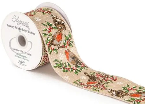 Wired Edge Natural Burlap Ribbon 63mm x 9.1m - Festive Robin ...
