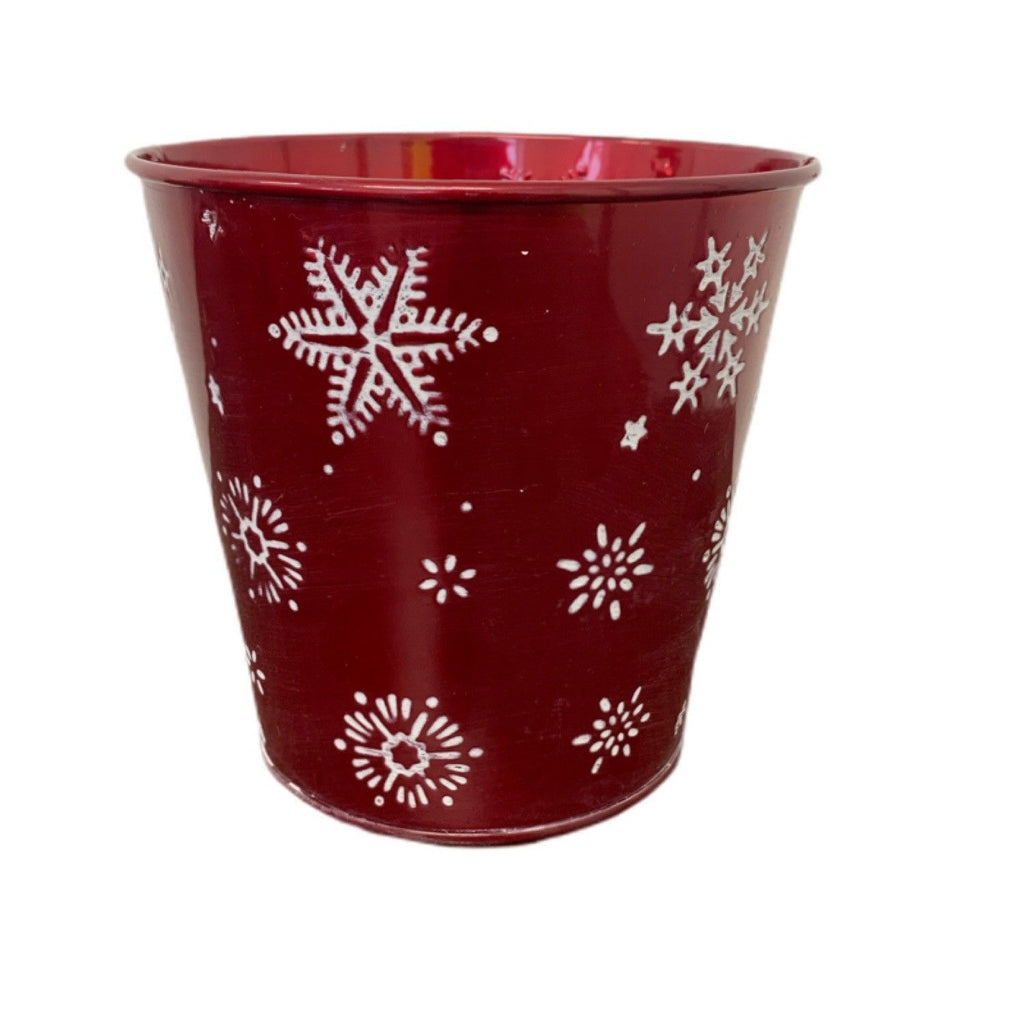 Red Christmas Zinc Pot with Snowflakes 11cm — Artificial Floral Supplies