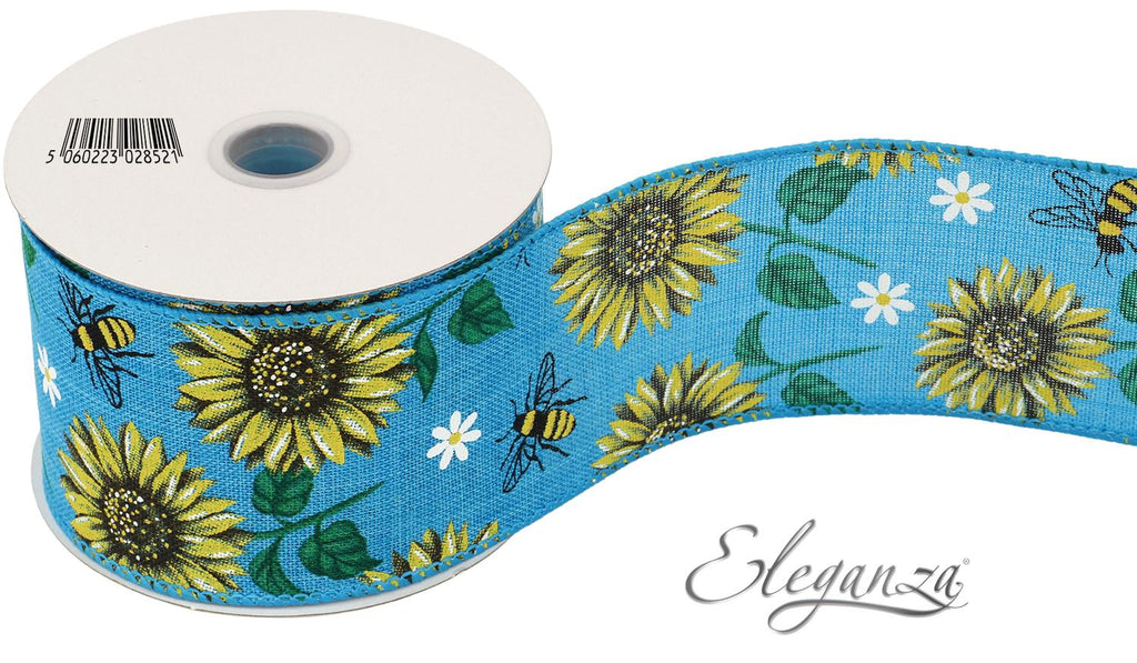 Wired Edge Ribbon Turquoise 63mm x 9.1m - Sunflower & Bee — Artificial ...