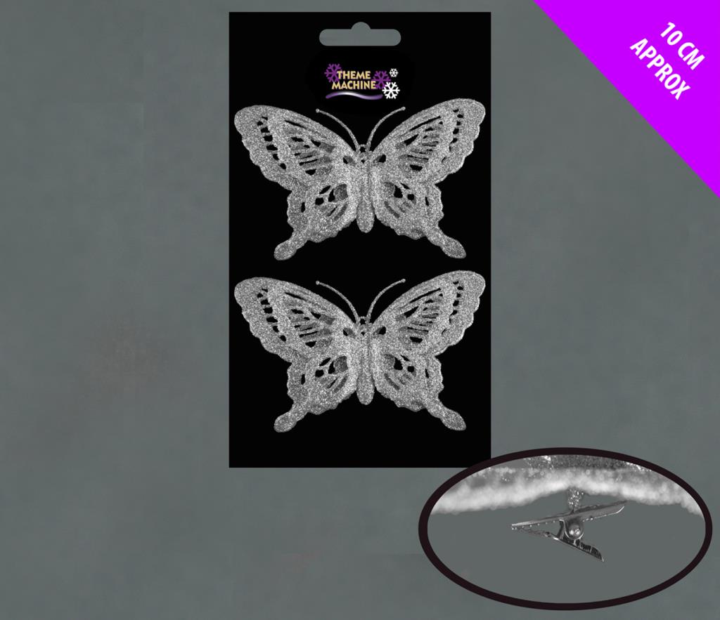 2 Silver Glitter Butterflies x 10cm - Clip On — Artificial Floral Supplies