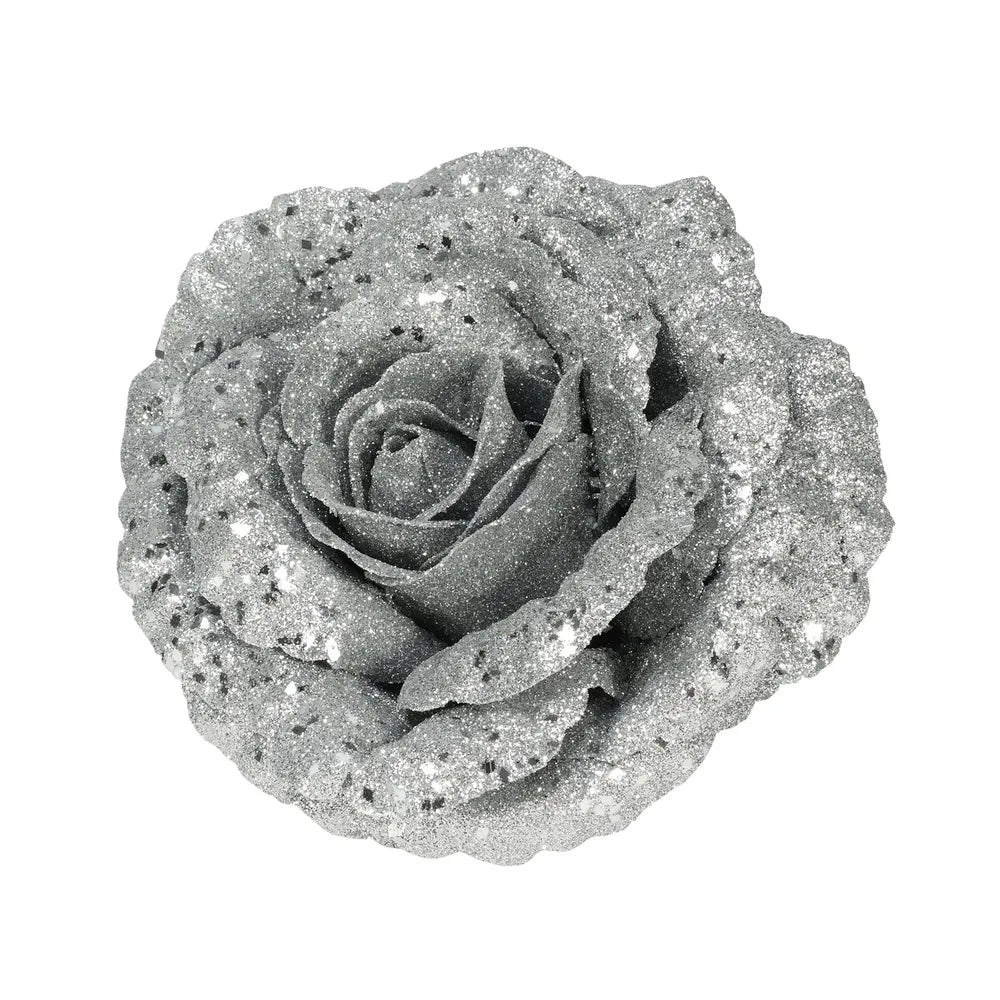 18cm Clip on Glittered Rose - Silver — Artificial Floral Supplies